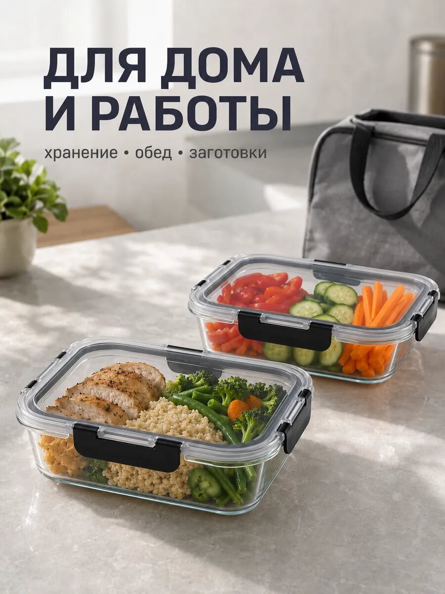 Стеклянные контейнеры мимар, 1040/370мл, 2шт, с крышкой, силиконовым уплотн. и 4 защелками