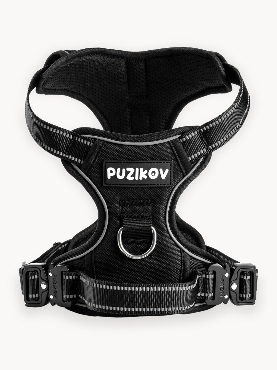 Шлейка для собак с фиксаторами из металла и мягкой ручкой, размер M, черный, PUZIKOV / пузиков