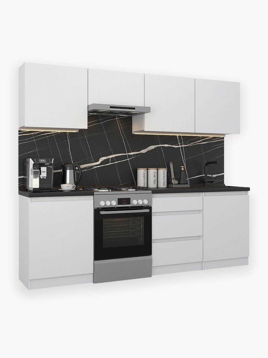 Кухонный гарнитур столплит Леон прямой, с полками и выдвижными ящиками, ЛДСП, белый, 240х202х46 см