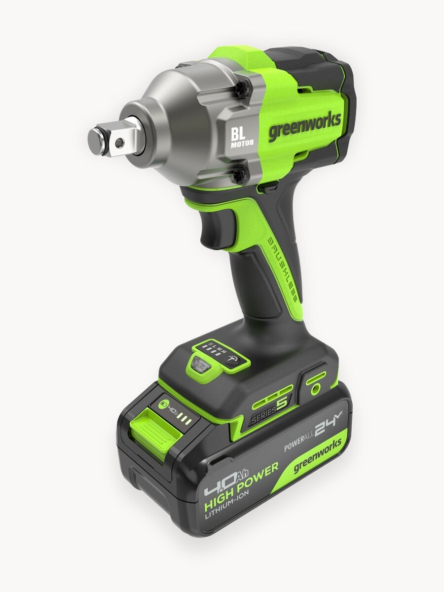 Гайковерт ударный Greenworks 24V, б/щет, 1/2', 500Нм, 3 режима, АКБ 4Ач и ЗУ