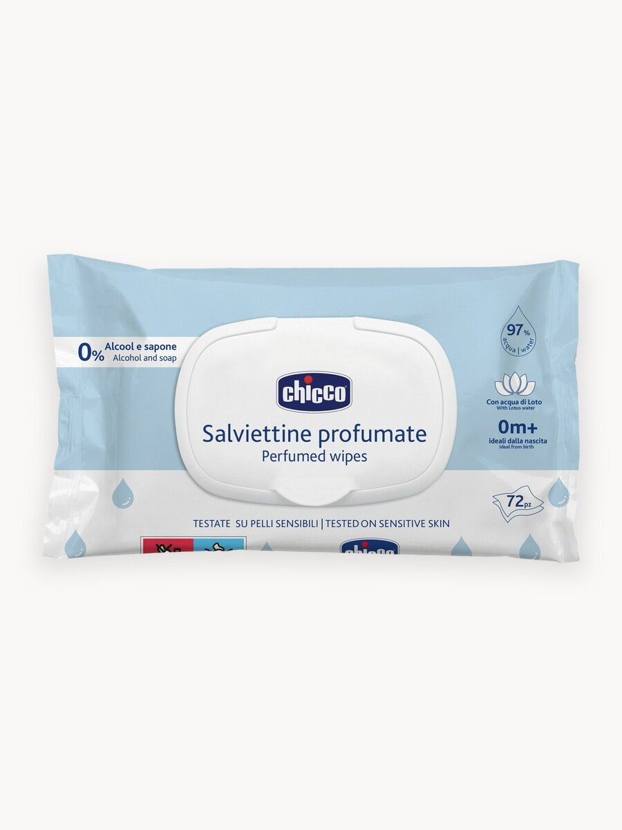 Салфетки влажные детские для новорожденных Chicco без спирта, 72 штуки