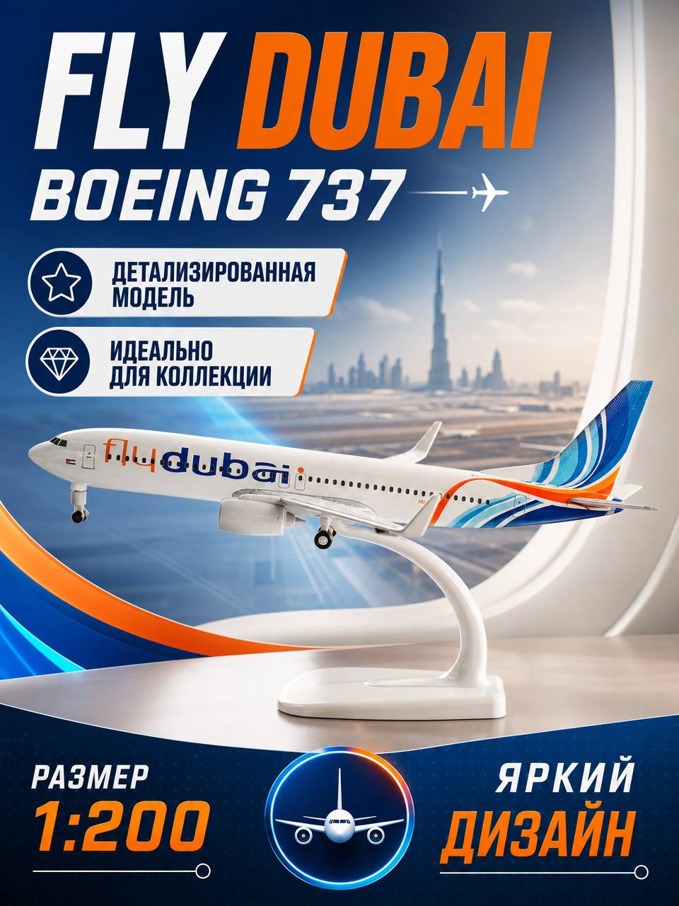 Модель самолета металлическая с шасси 20 см Fly Dubai-B737