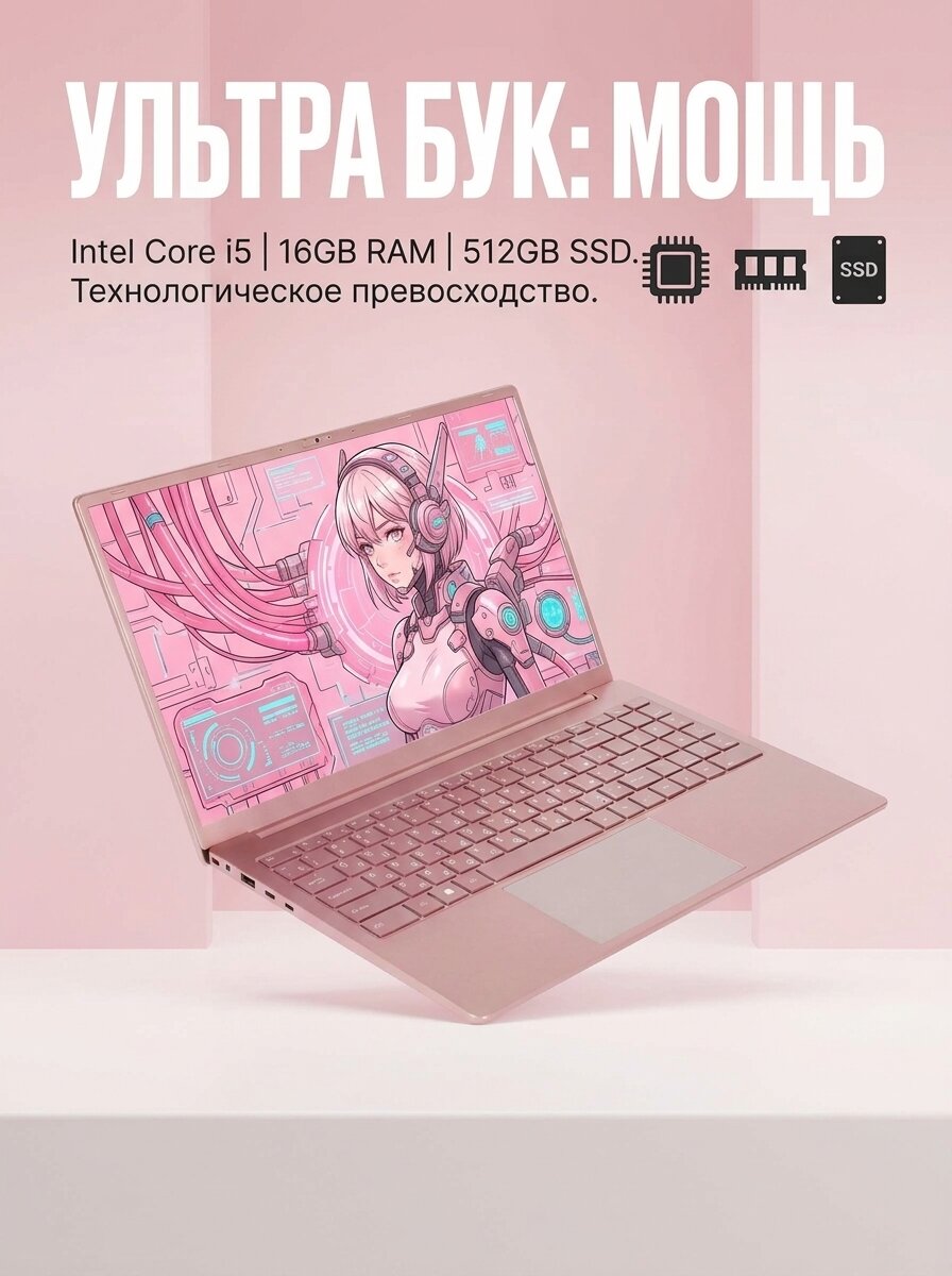 Ноутбук игровой, для учебы и для работы Intel Core i5 , 16Гб, SSD 512GB, Русская раскладка розовый