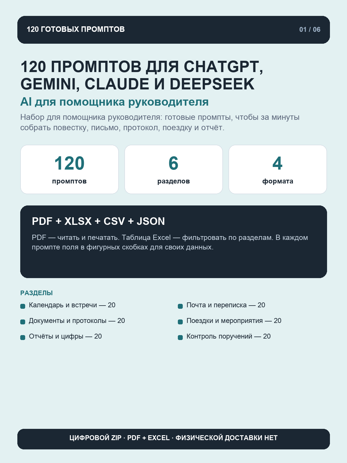 AI для помощника руководителя: 120 промптов для ChatGPT, Gemini, Claude и DeepSeek, цифровой ZIP PDF и Excel