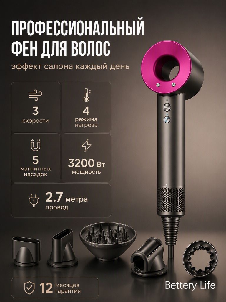 Фен для волос BOL016-Rose 3200 Вт, кол-во насадок 5, пурпурный