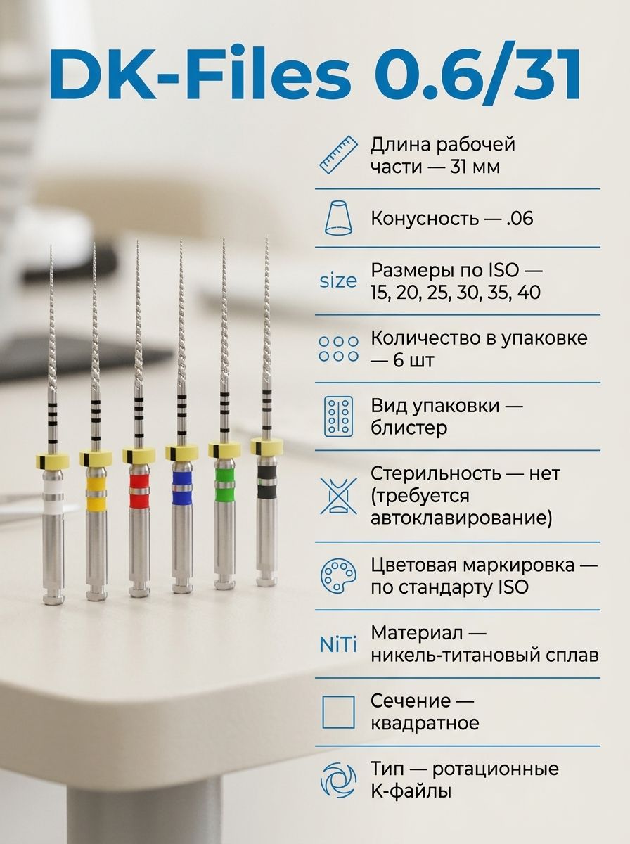 Инструмент стоматологический эндодонтический Eurofile DK-FILES 0.6 31мм №15-40 (6шт), еврофайл