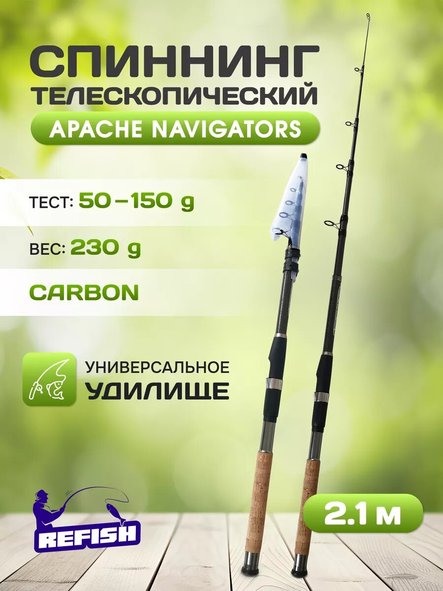 Спиннинг для рыбалки телескопический карбоновый 2.1 м, тест 50-150 гр