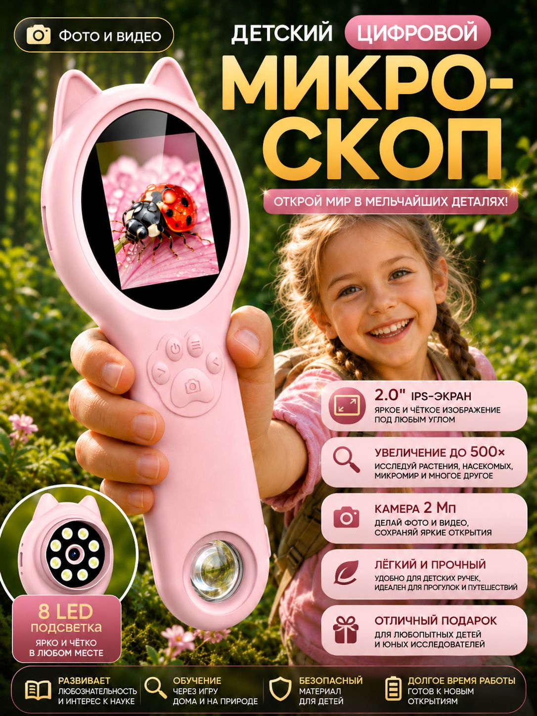 Микроскоп детский лупа, с увеличением и подсветкой, 2 дюйма экран, подарок