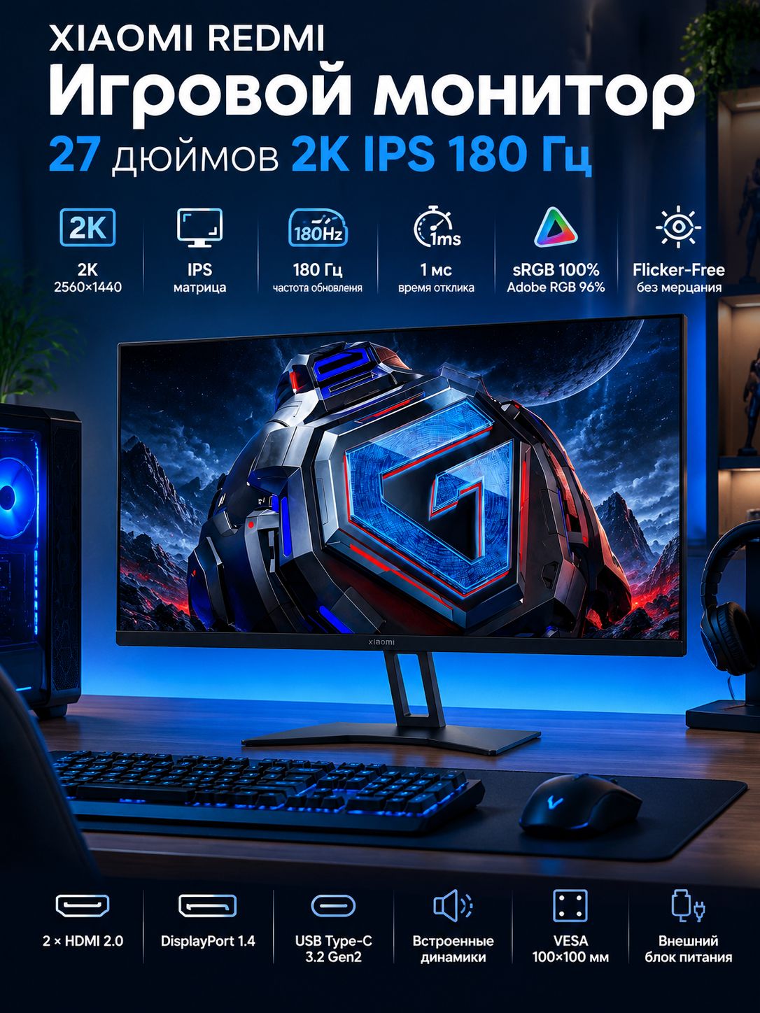 Игровой монитор 27 дюймов 2K IPS 180 Гц, 2560x1440, HDR10, FreeSync Premium и USB Type-C