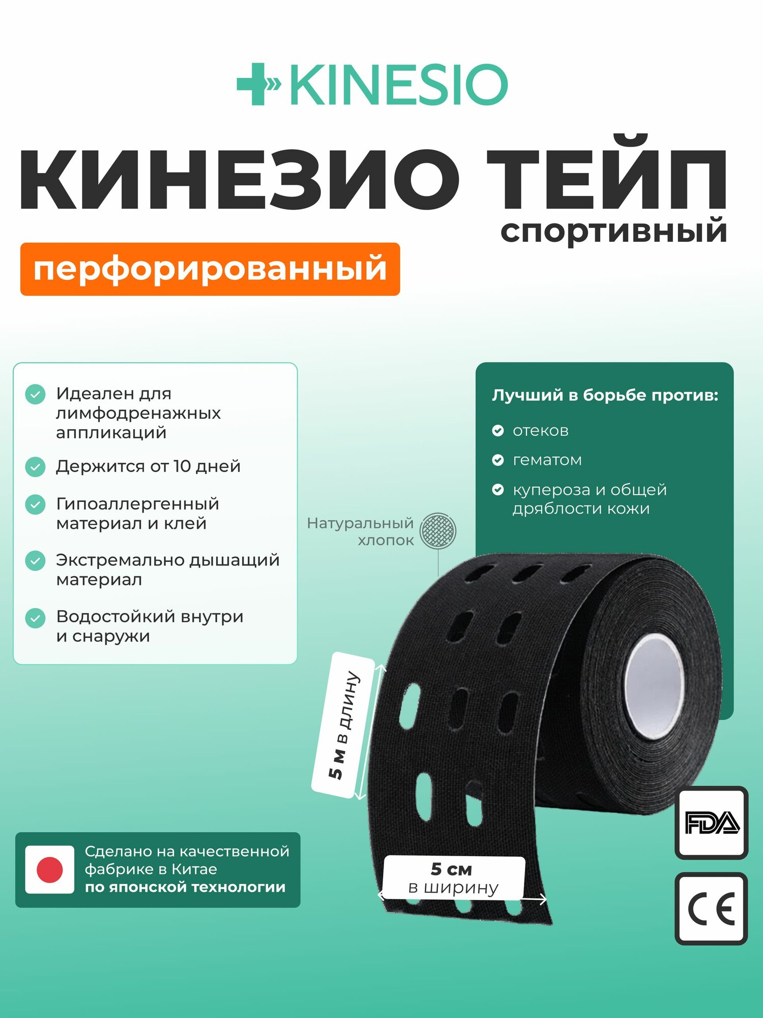Кинезио тейп для тела, перфорированный, черный