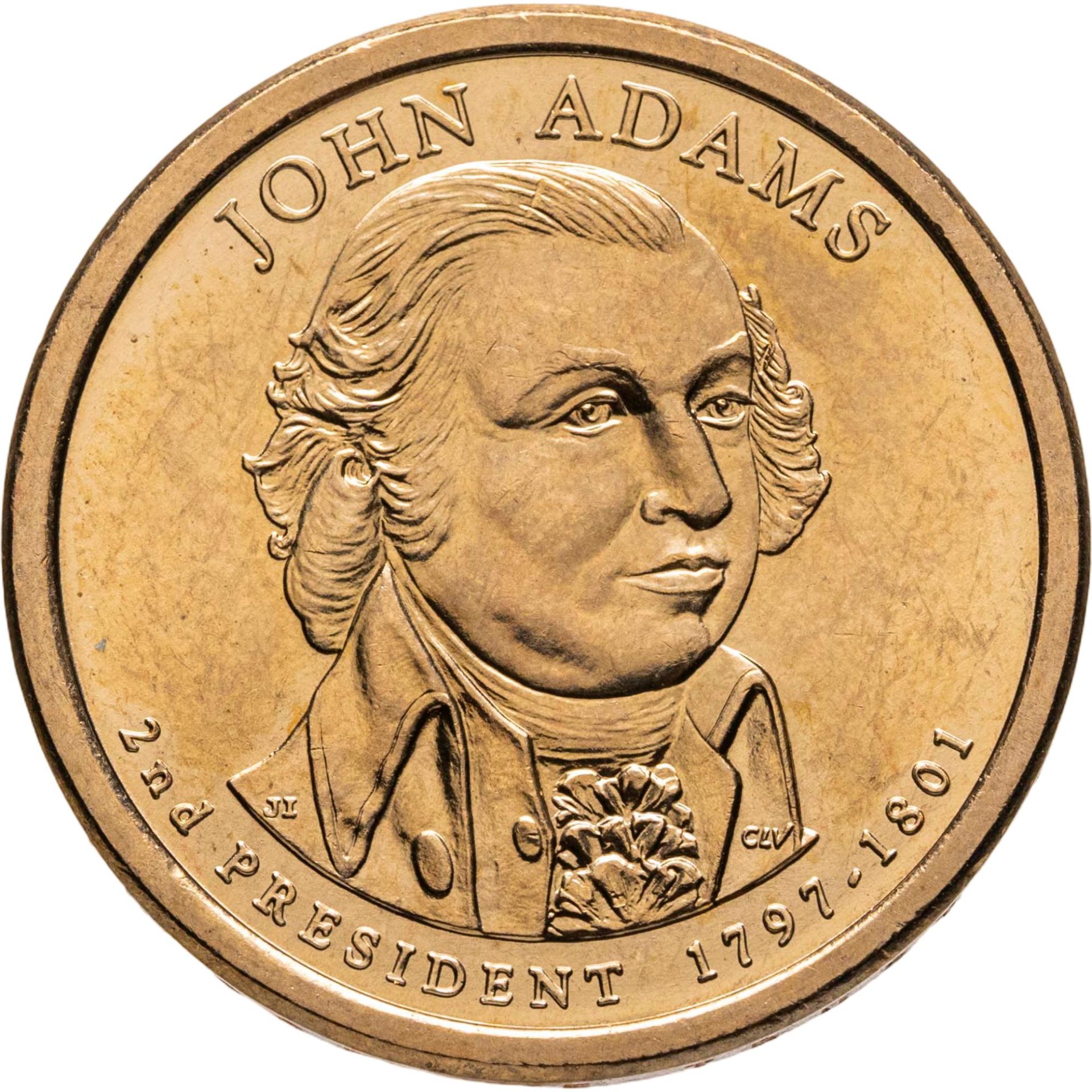 США 1 доллар dollar 2007 "Джон Адамс 2-й президент США", Латунь, в сохранности AU-UNC