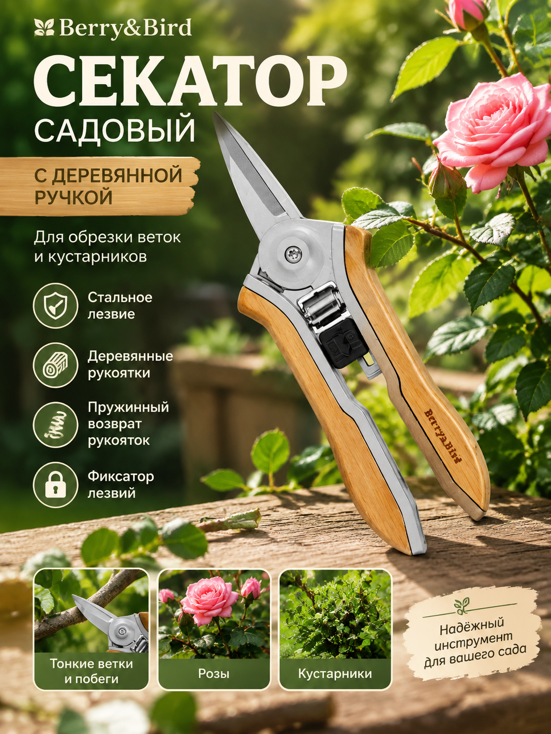 Секатор садовый с деревянными ручками и стальным лезвием для обрезки веток и кустарников