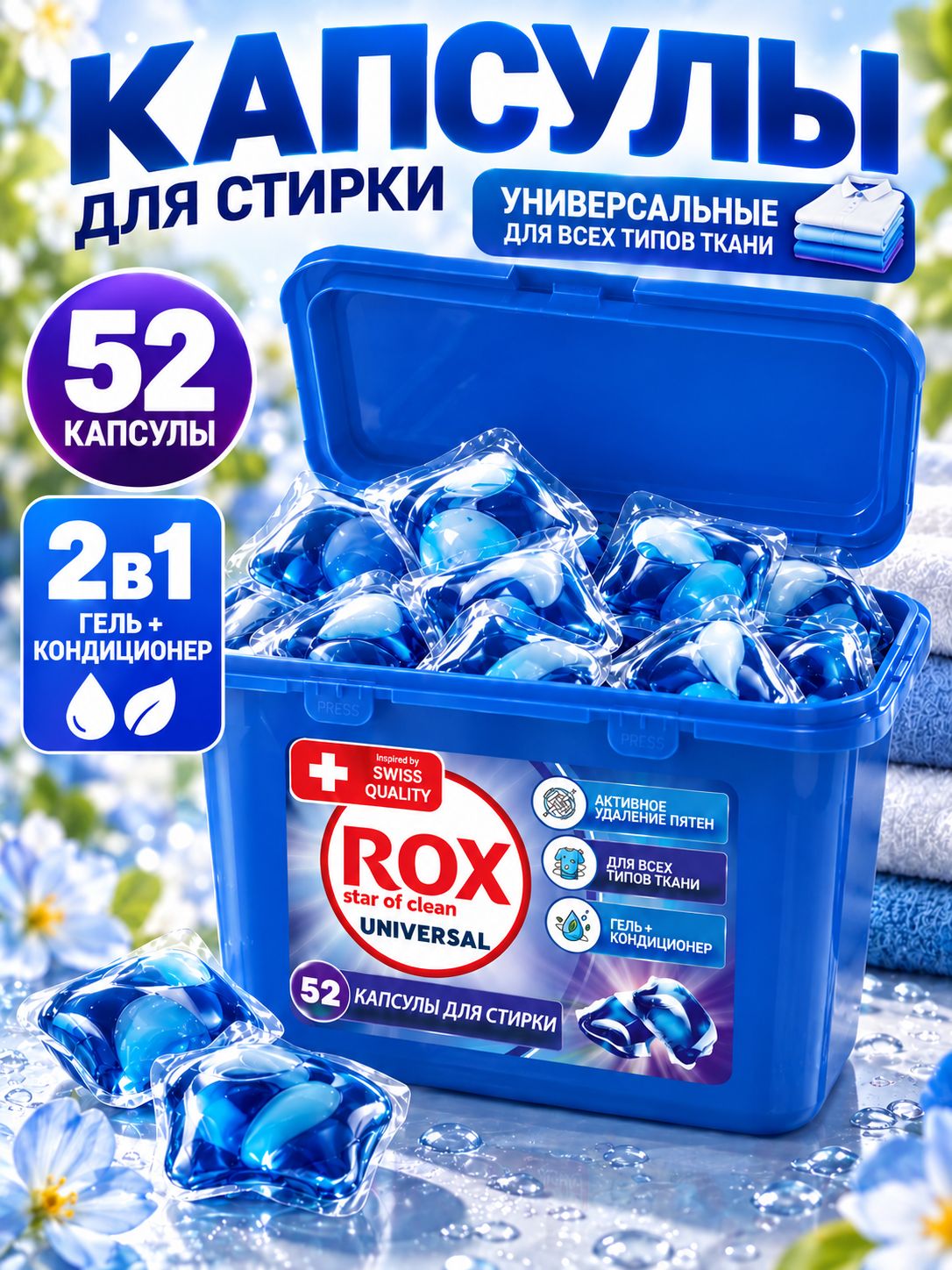 Капсулы для стирки, ROX Star of clean, универсальные, 52 шт