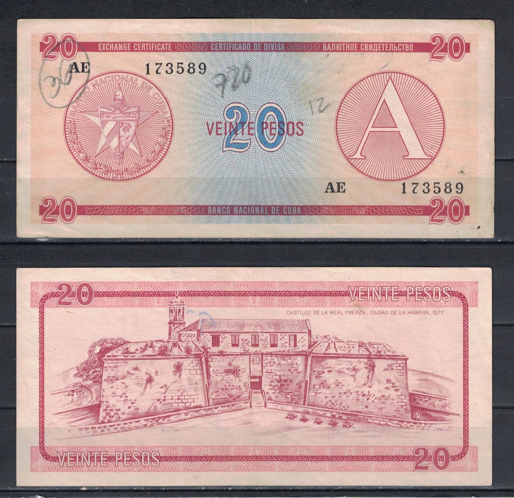 Купюра (бона) Куба 1985г. "VEINTE PESO - сертификат A" VF