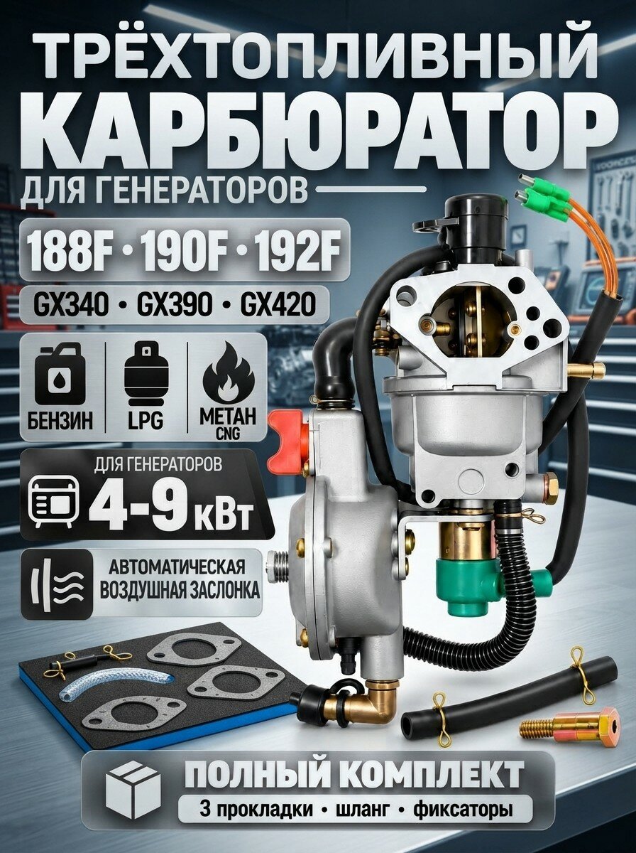 Карбюратор трехтопливный для генераторов 4-9 кВт, двигателей 188F, 190F, 192F, GX340, GX390, GX420 с редуктором