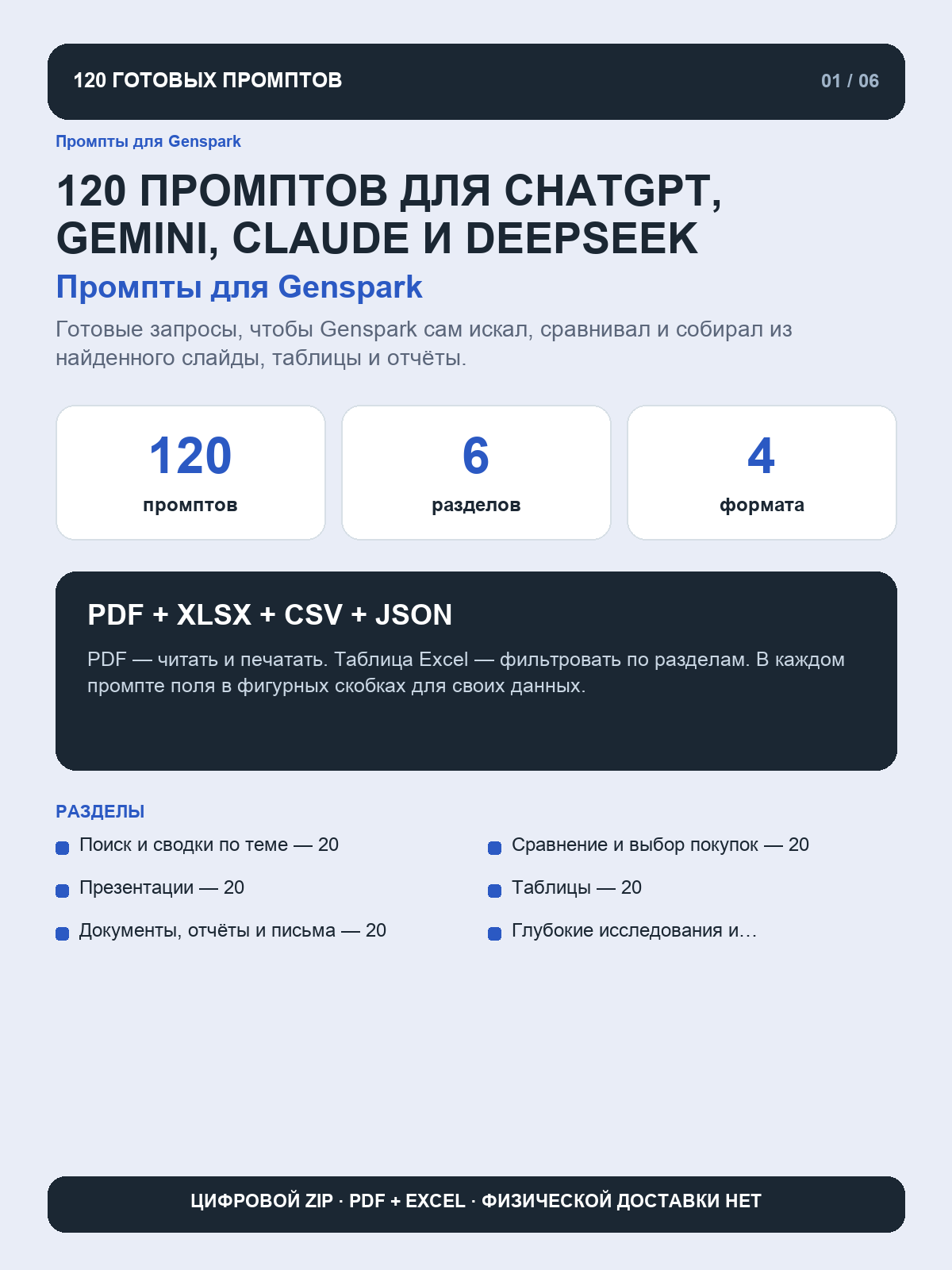 Промпты для Genspark: 120 запросов для поиска, презентаций и таблиц, цифровая книга PDF A4