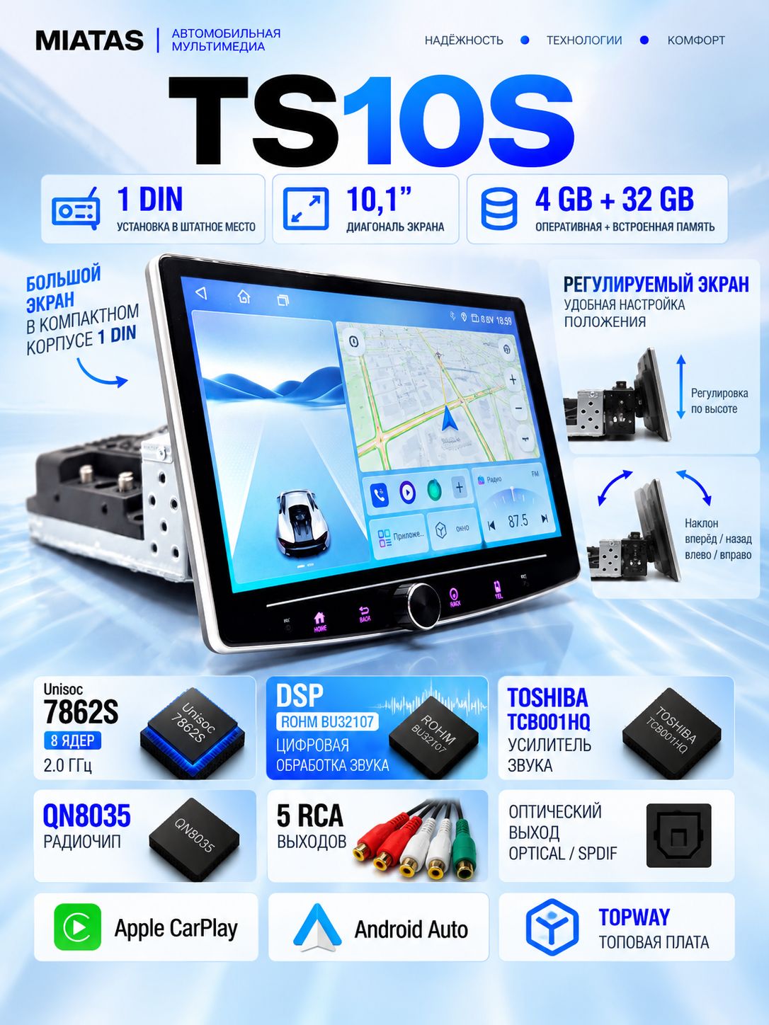 Автомагнитола 1DIN на шарнире 8 ядер Android 4/32 ГБ, 4G, DSP, CarPlay, UIS7862S, крутилка, TS10S MIATAS