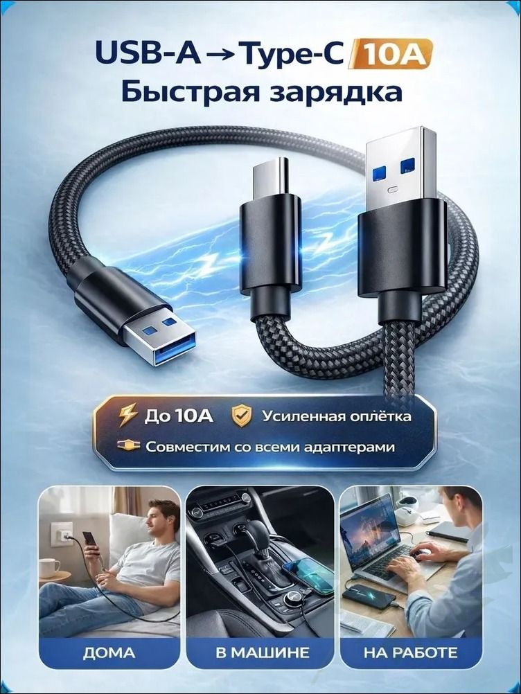 Кабель для зарядки USB Type-C 2 м, 3A, QC 3.0, нейлоновая оплётка