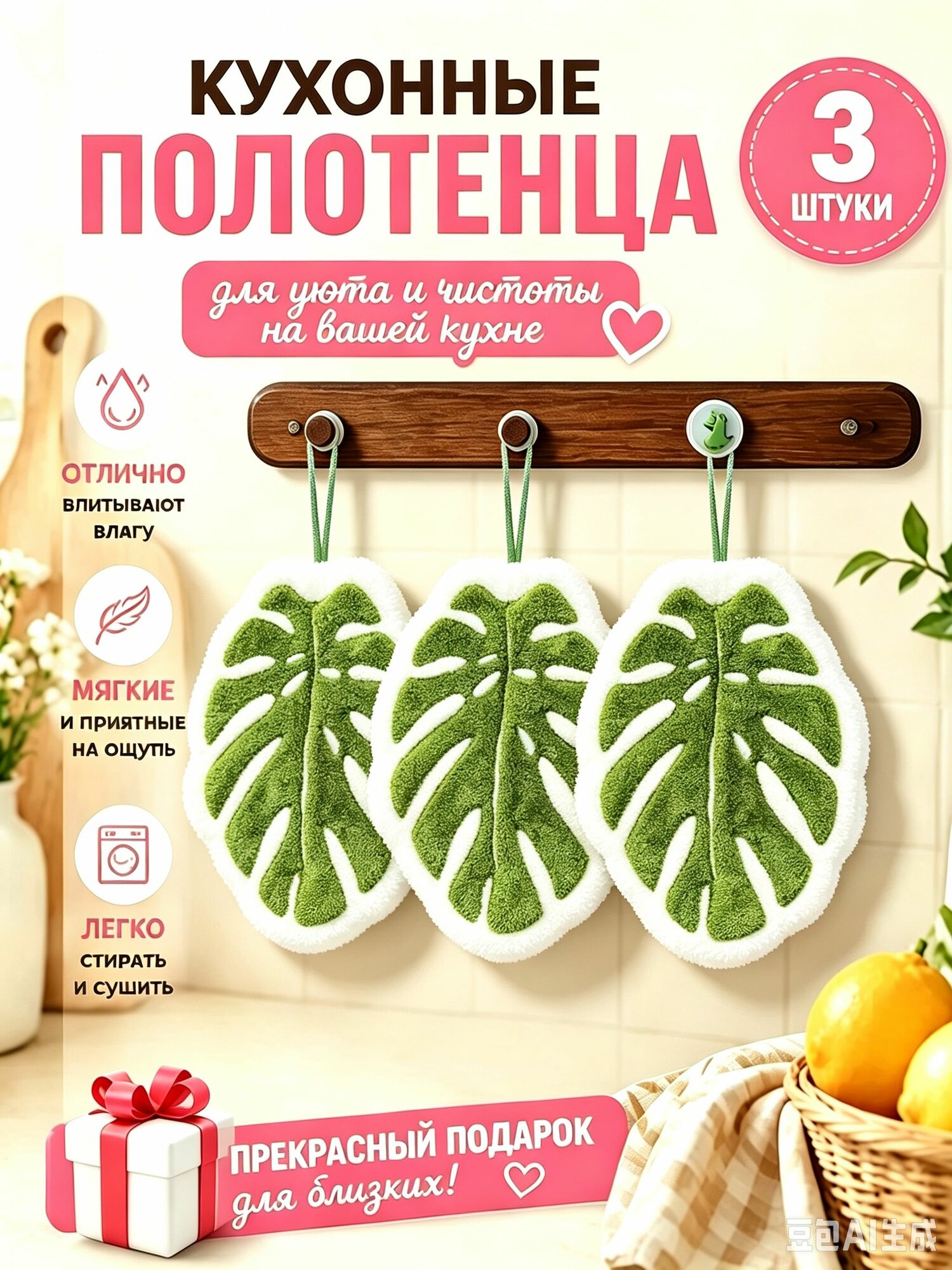 Полотенце кухонное 19x30 3 шт корал-флис зеленый, белый