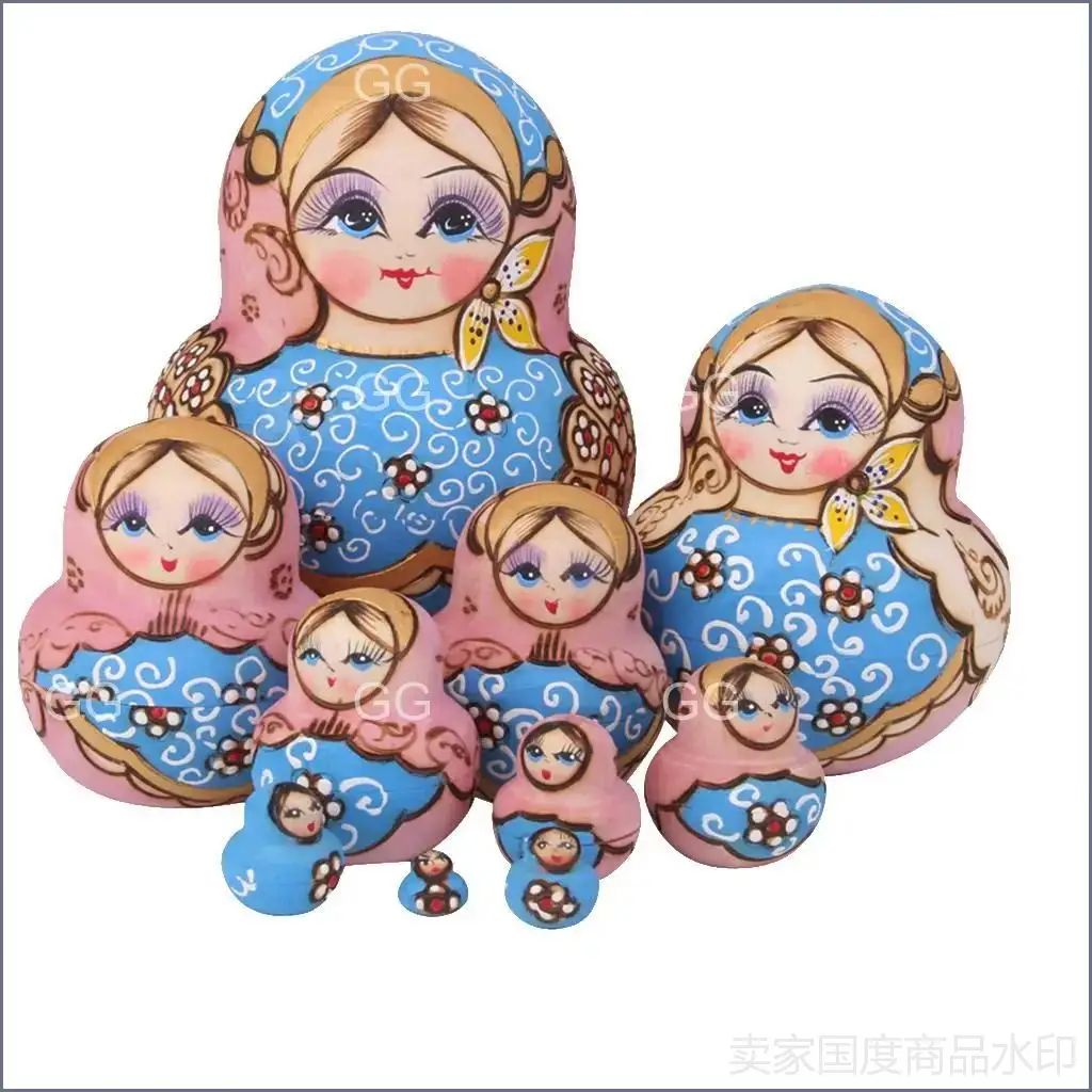 Деревянные расписные матрёшки, синий и золотой