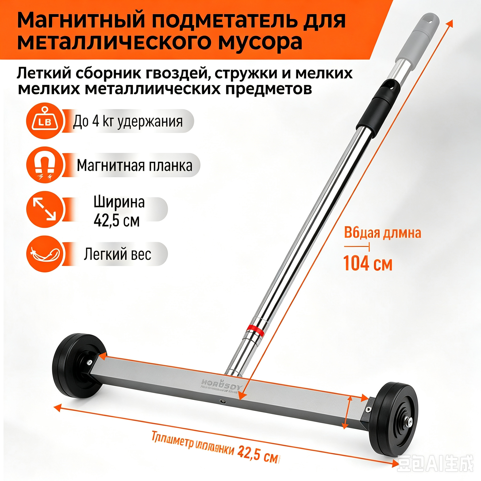 Магнитная тележка для сбора гвоздей 17", мощный магнитный ролик с телескопической ручкой, грузоподъёмность до 4 кг