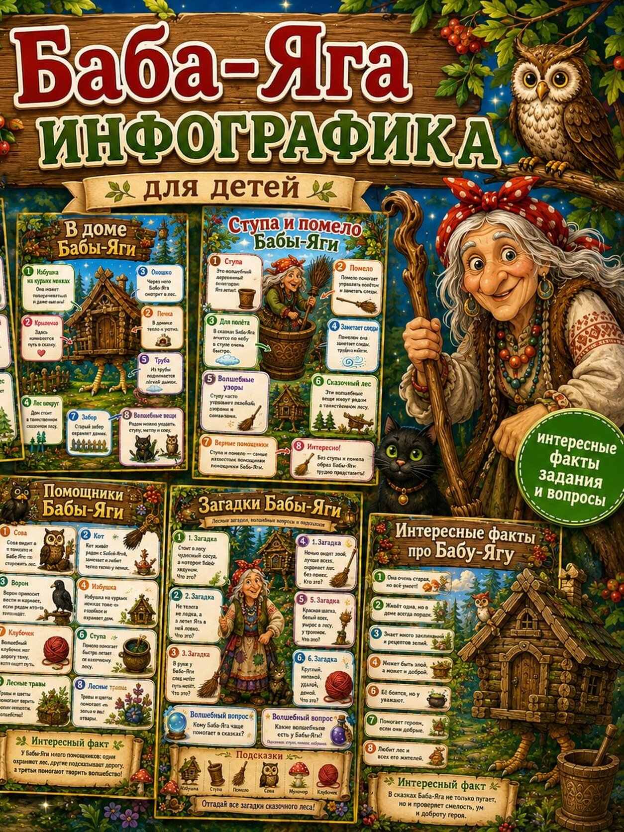 Инфографика «Баба-Яга» — плакаты о русских народных сказках для детей на стенд в детском саду