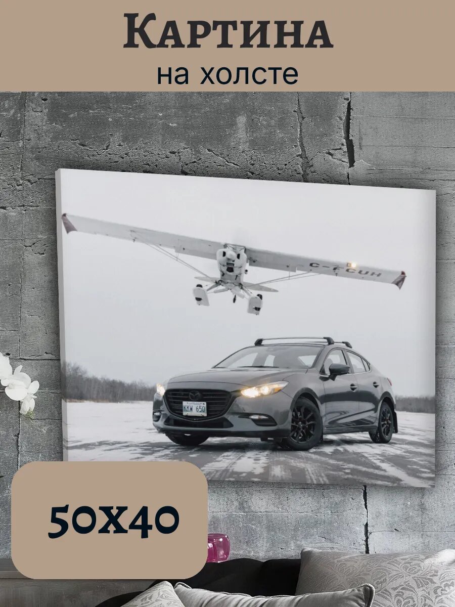 Картина Постер Мазда Mazda 40x50 зимний пейзаж с самолетом