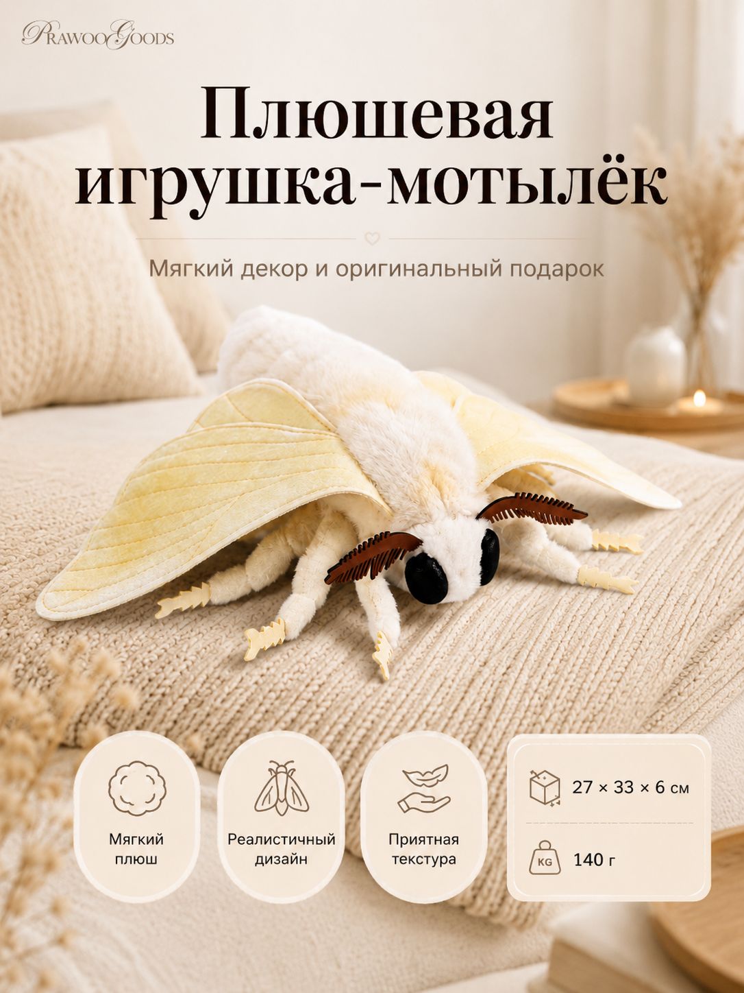 Плюшевая моль / Мягкая игрушка / Плюшевая обнимашка для засыпания и сна / Пушистая сплюшка для детей и подростков, Подарок для девочки и мальчика