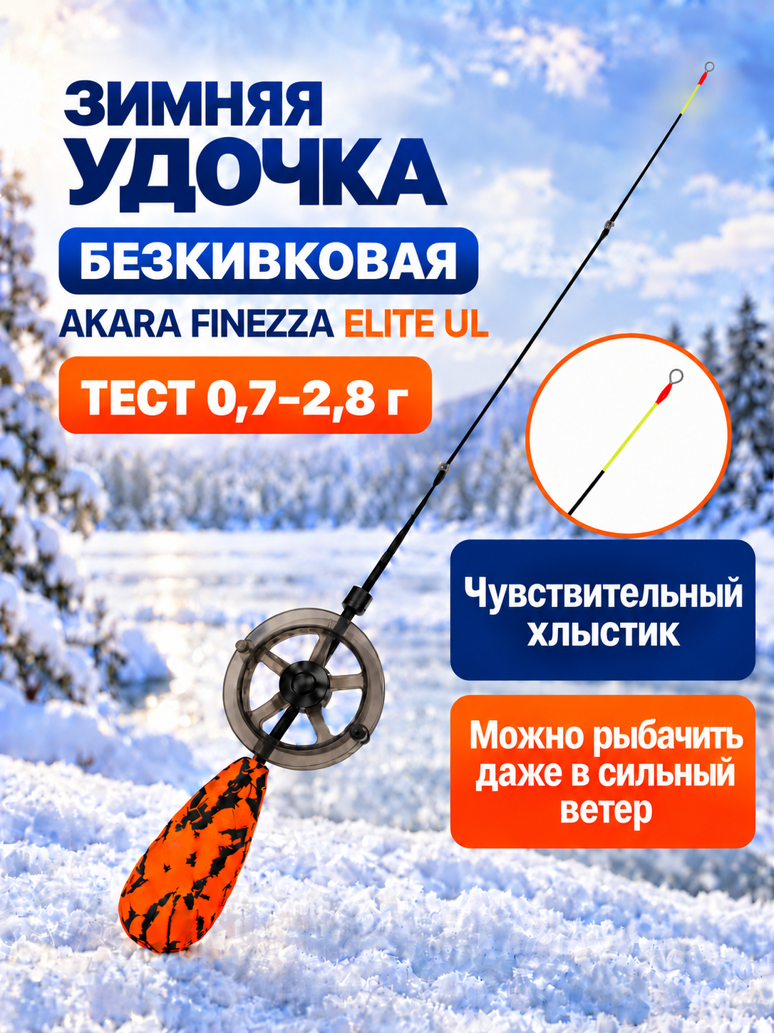 Зимняя удочка безкивковая с катушкой для рыбалки на мормышку 0,7-2,8 г