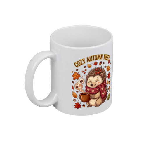 Кружка «Cozy Autumn Vibes: Ежик с кофе в шарфе» (белый)