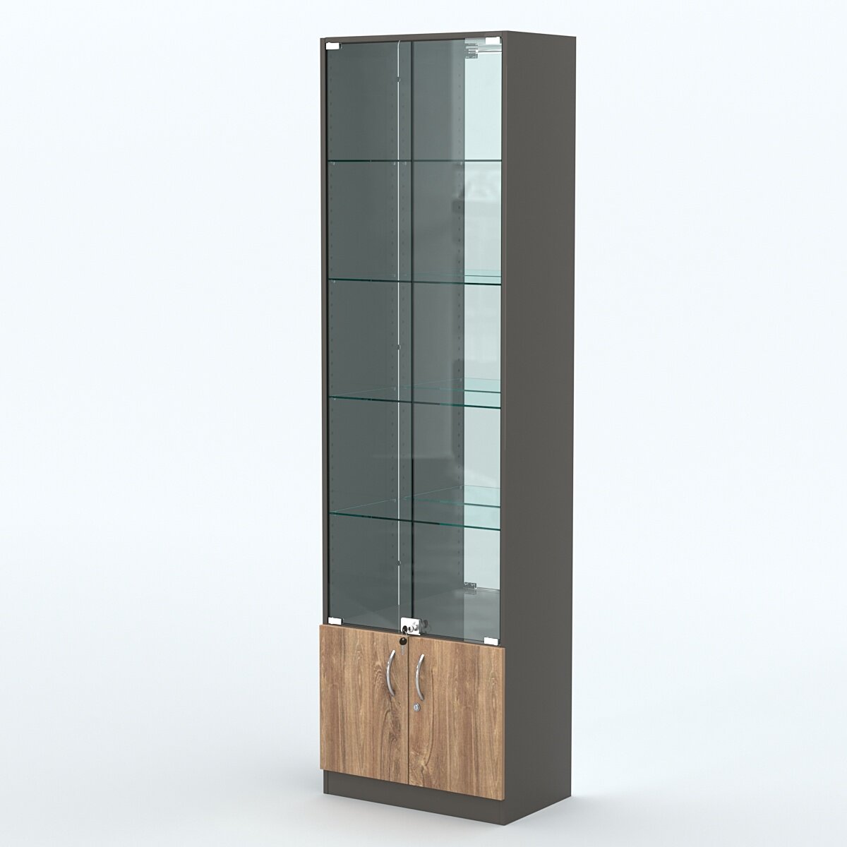 Торговая витрина с 4-мя полками 350x600 мм серии NEXT-4 №6-2 (З/C - зеркало), Черный + Дуб Канзас Коричневый