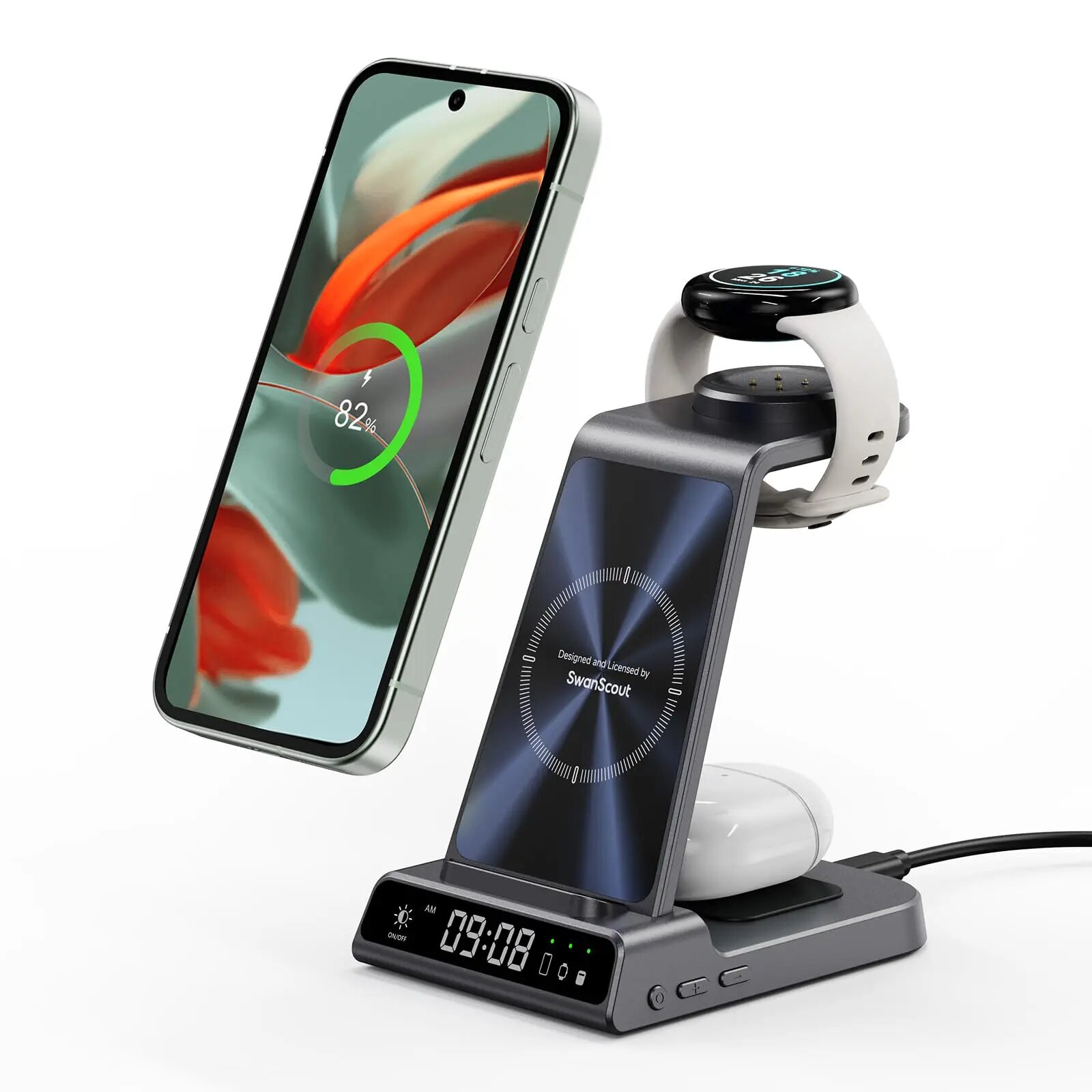 Беспроводное зарядное устройство SwanScout C01G2 для Pixel Watch 3, 2, 3-в-1 беспроводная зарядная станция для Google Pixel 9 Pro, Fold 9A, для наушников