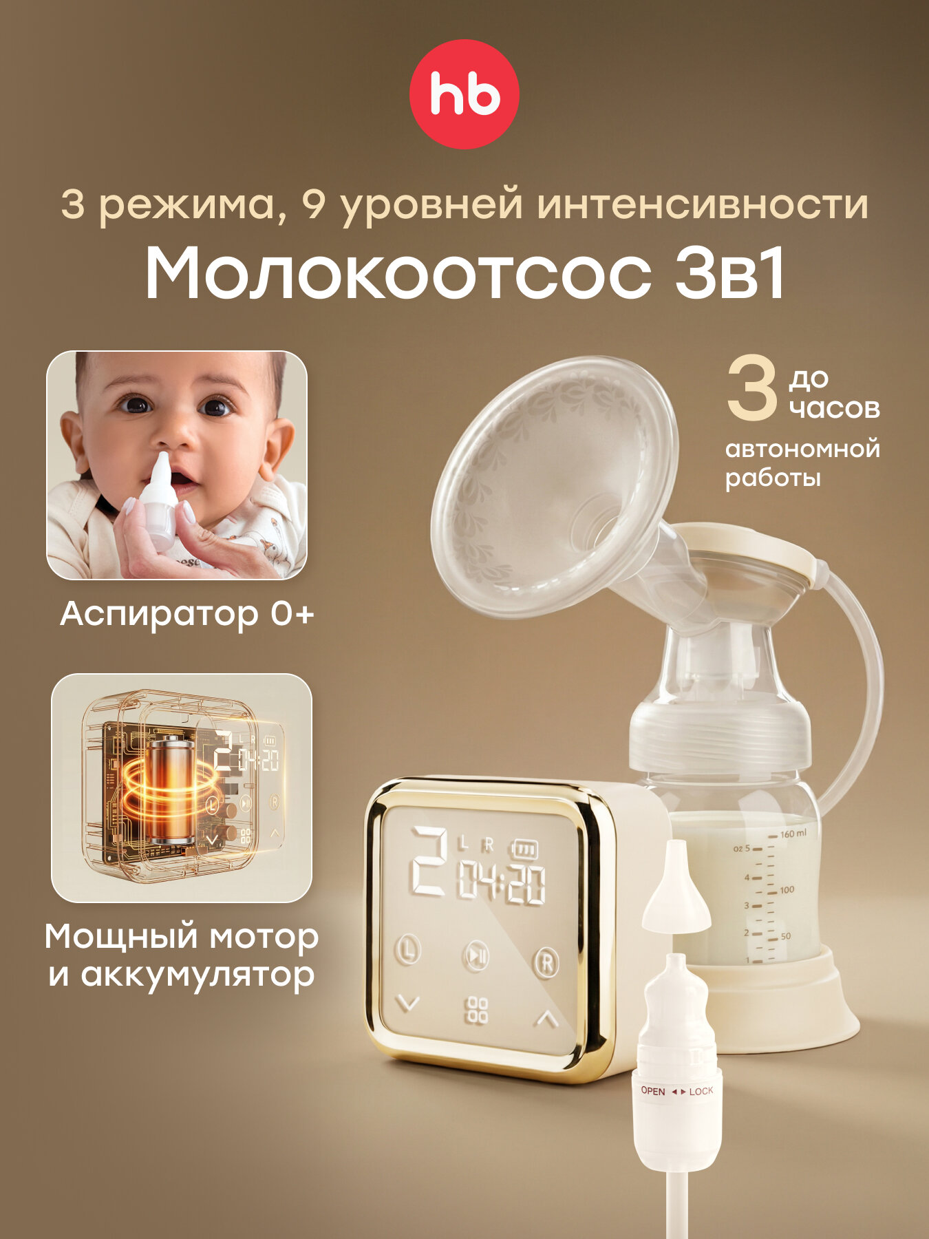 22009, Молокоотсос электрический беспроводной Happy Baby, трехфазный, бутылочка для молока 160 мл, аспиратор, кремовый