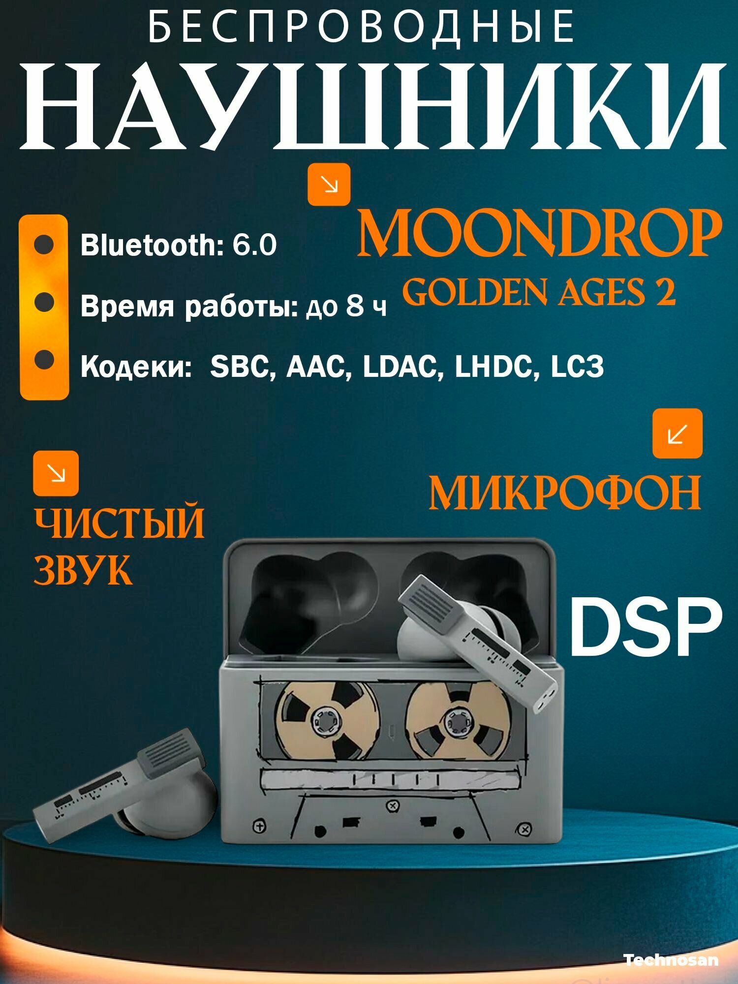 Беспроводные TWS наушники MoonDrop Golden Ages 2, с микрофоном, ANC, Bluetooth 6.0, серые