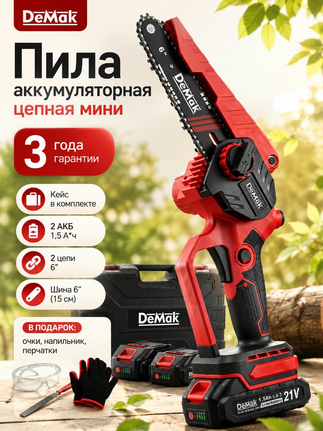 Пила аккумуляторная цепная садовая мини, сучкорез, электропила 3600 об/мин, 2 АКБ, в кейсе DeMak