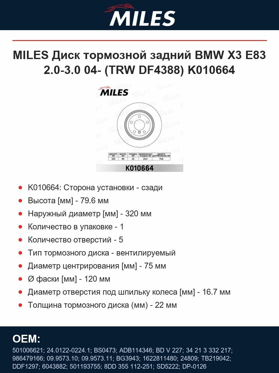 MILES Диск тормозной задний BMW X3 E83 2.0-3.0 04- (TRW DF4388) K010664