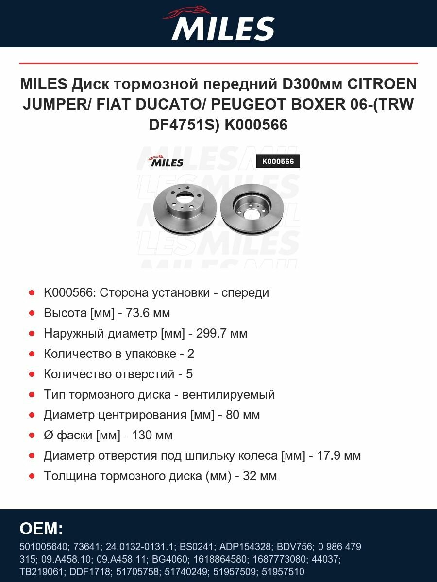 MILES Диск тормозной передний D300мм CITROEN JUMPER/ FIAT DUCATO/ PEUGEOT BOXER 06-(TRW DF4751S) K000566