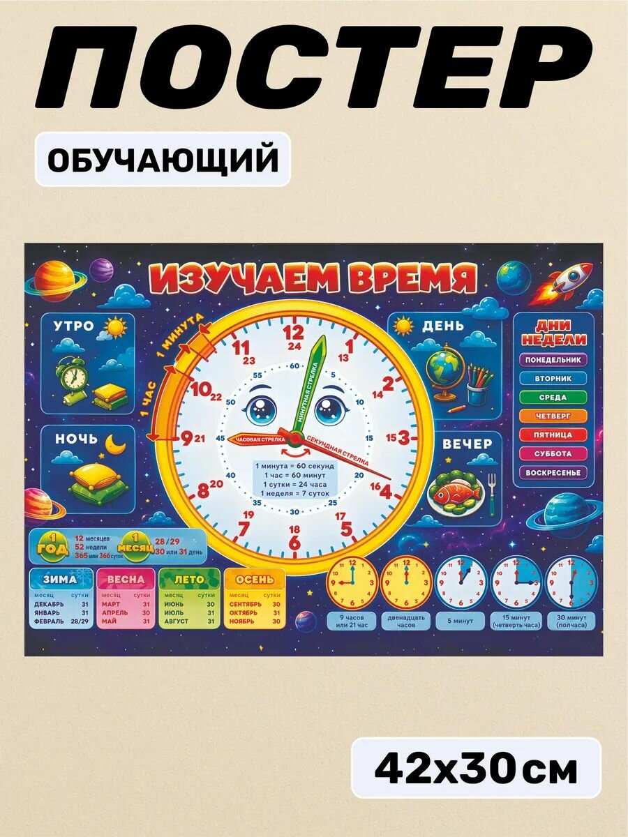 Постер на стену обучающий Изучаем время