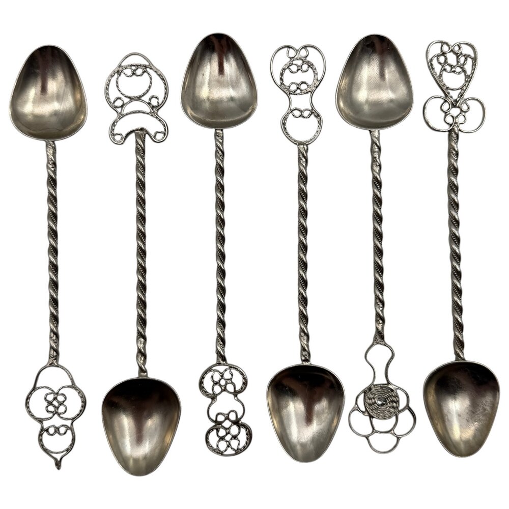 Ложка чайная "Ассорти" (набор 6 шт), 14.5 см, МНЦ, 1970-1980 гг, Казаковская филигрань, СССР