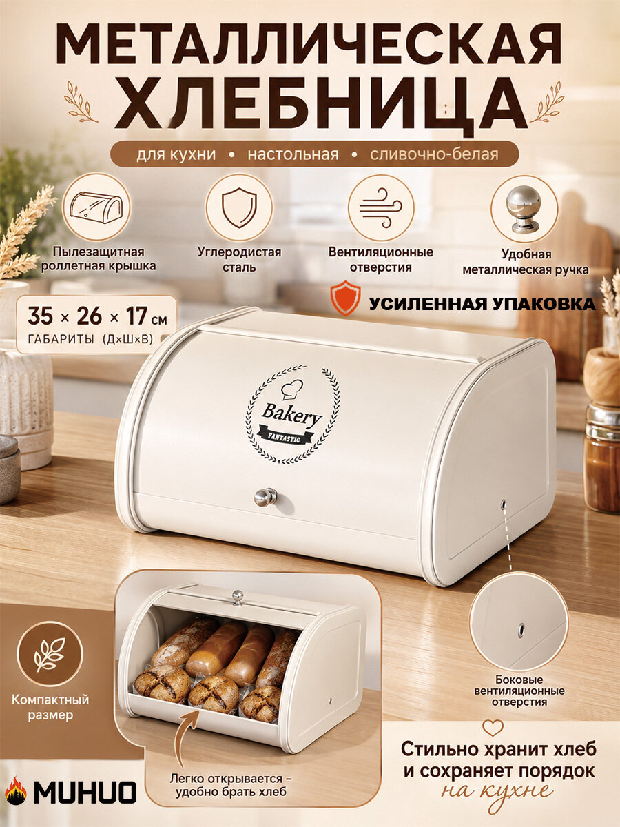 Хлебница, 35 см х 26 см х 17 см, кремовая, ширина 26 см, высота 17 см, длина 35 см, в упаковке 1 штука