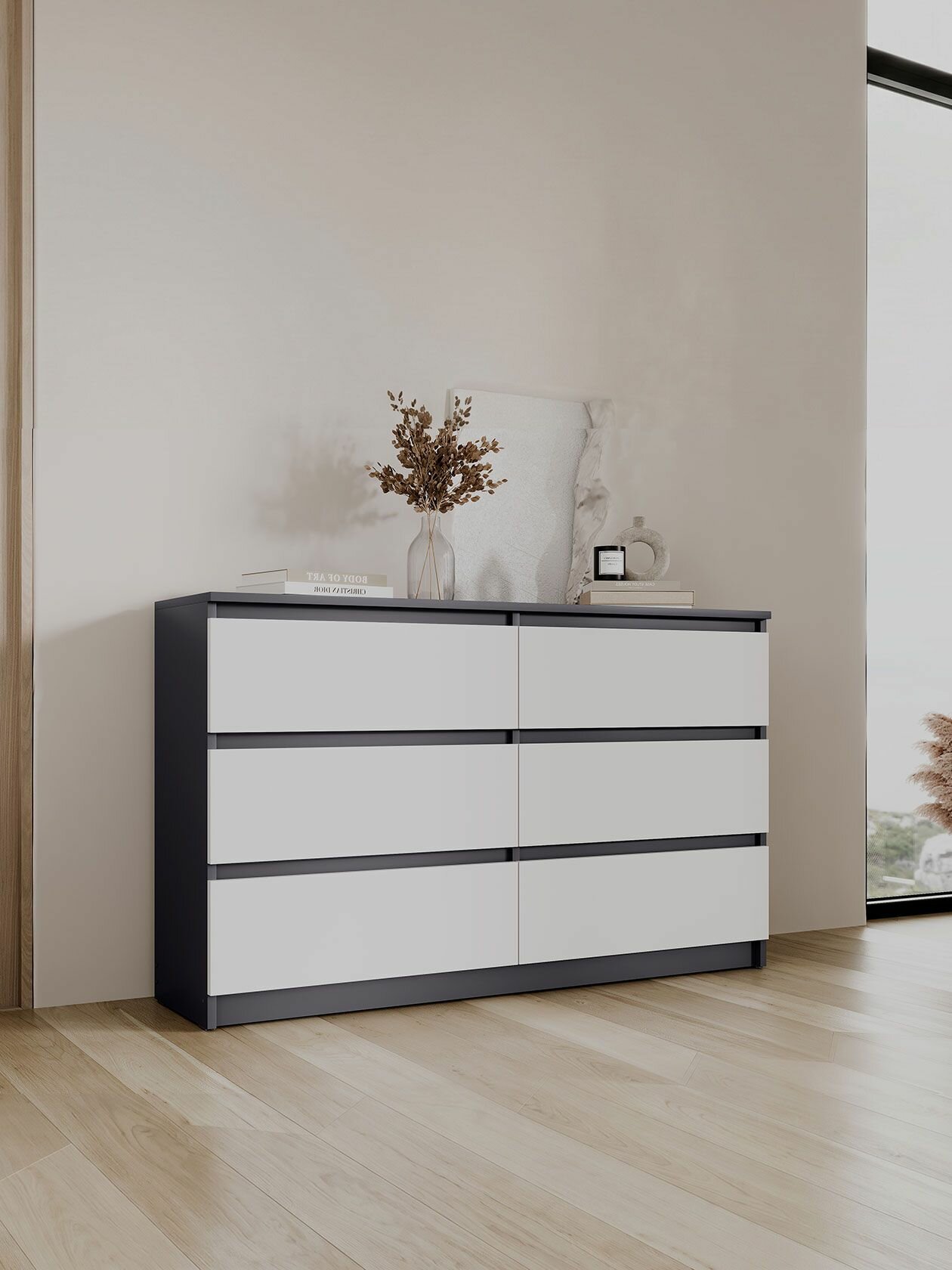 Комод для одежды и хранения вещей Вега с ящиками, 123.6x32.4x75.5 см, Графит / Белый