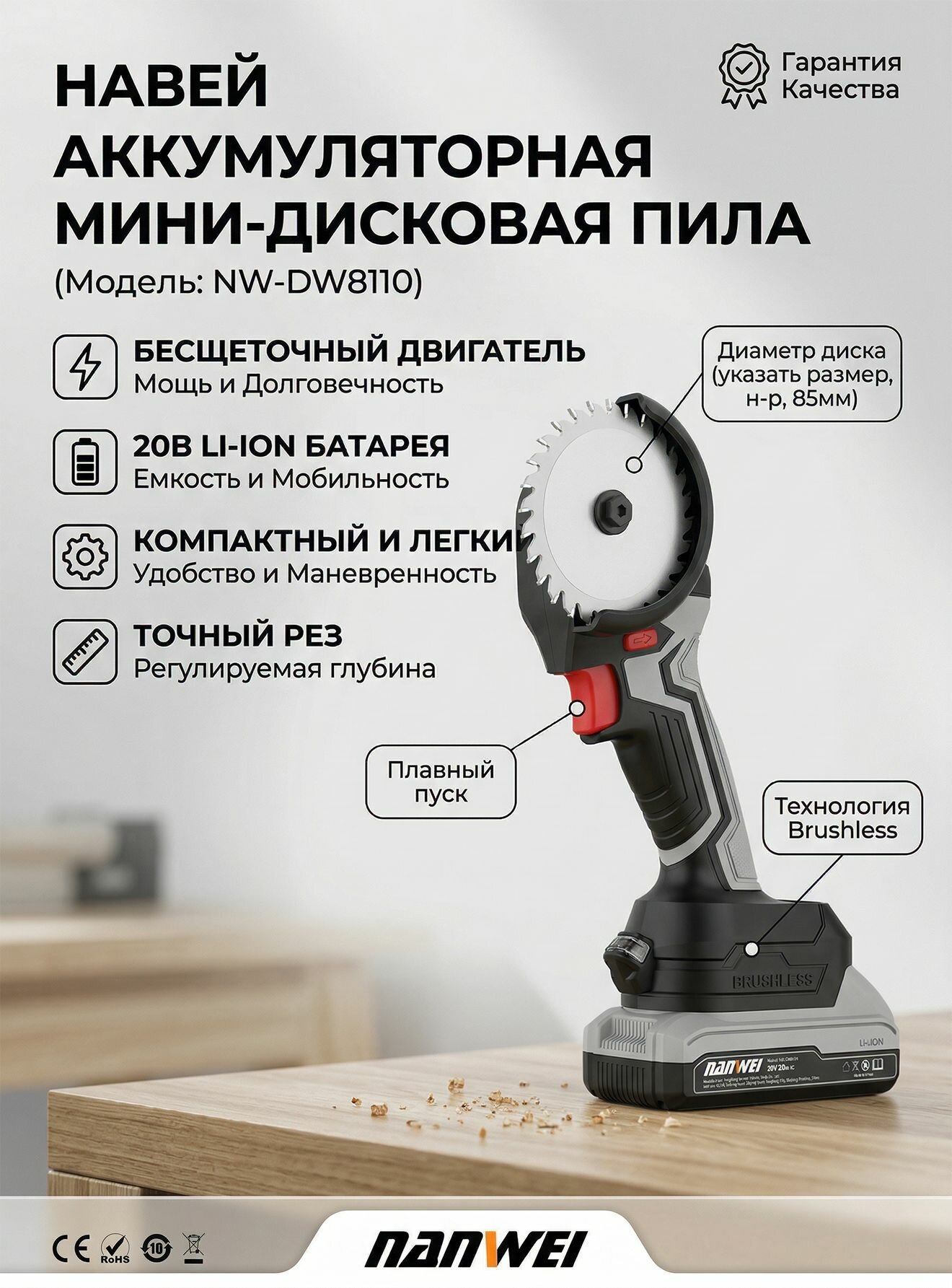 Бесщеточная литиевая мини-углошлифовальная машина NANWEI 3-дюймовый ручной шлифовальный и режущий инструмент Без аккумулятора и зарядного устройства