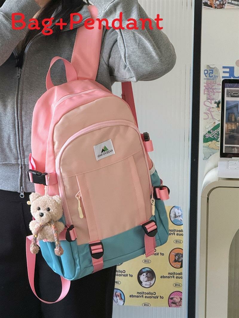Student backpack with color block pattern and 14in laptop compartment for middle school and high school, pink