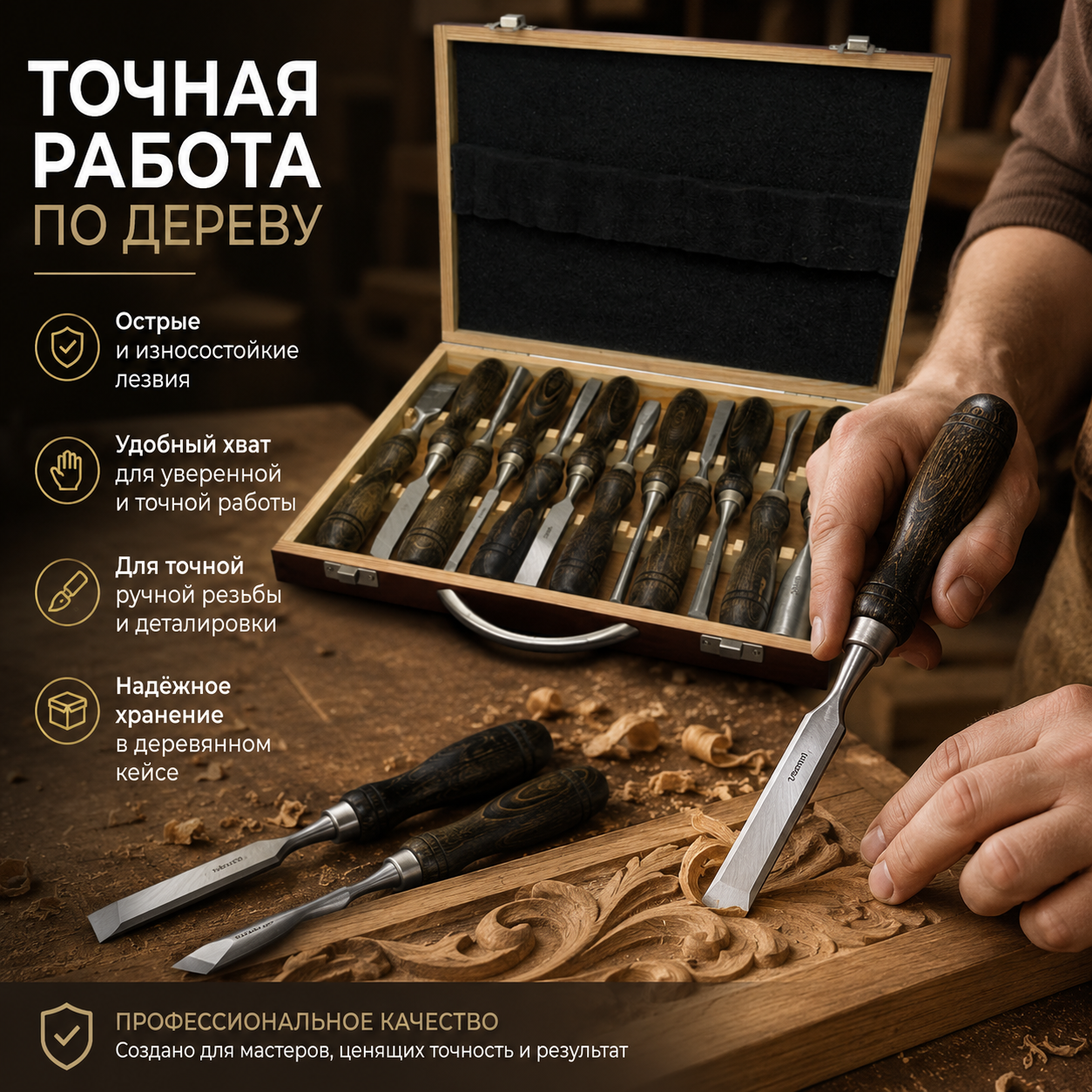 Набор токарных резцов по дереву 12 шт, темные , в деревянном кейсе