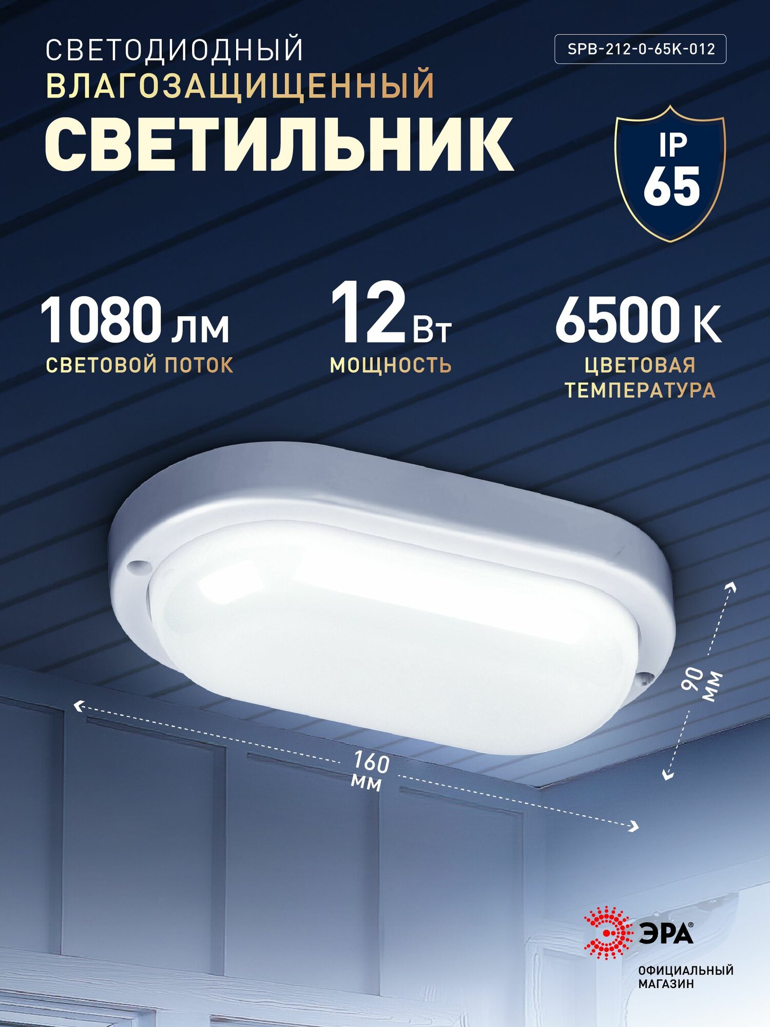 Светильник светодиодный влагозащищенный ЖКХ ЭРА SPB-2 12Вт 1080Лм 6500К IP65 160х90х37мм овальный для ЖКХ овальной формы