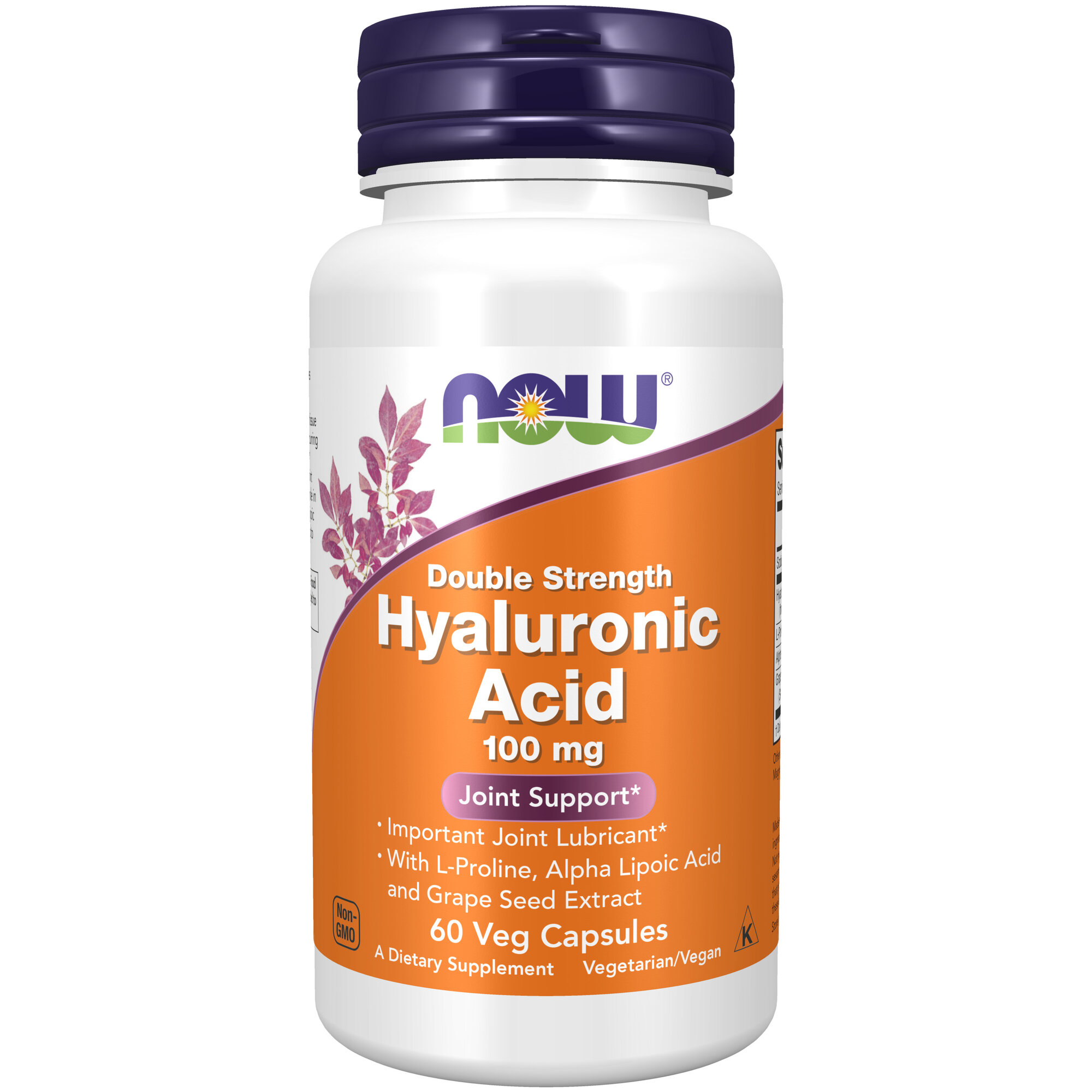 NOW Hyaluronic Acid 100mg, Гиалуроновая кислота + Альфа липоевая кислота + L Пролин, 60 капсул, для связок и суставов