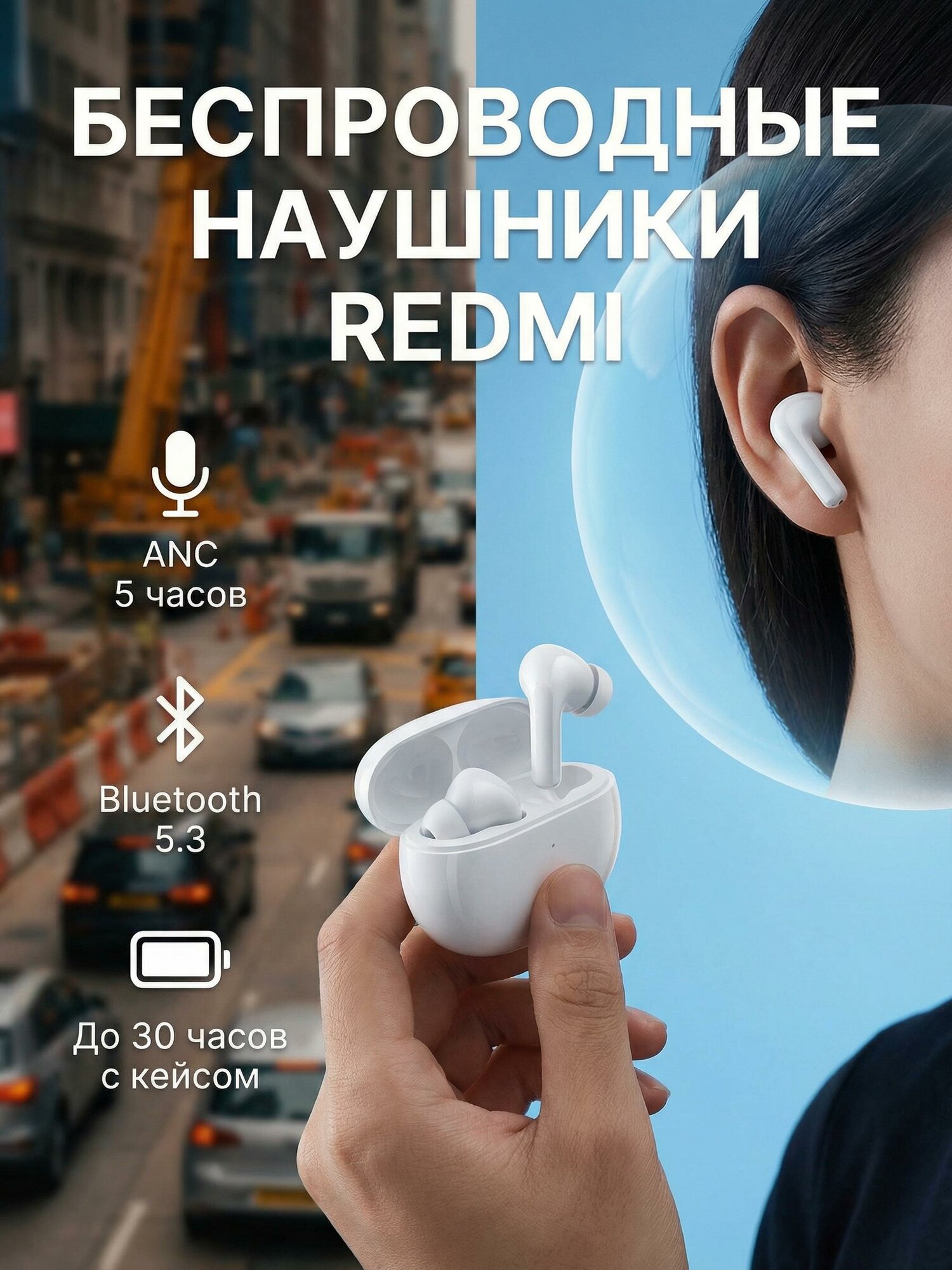 Беспроводные наушники Redmi Buds 4 Active белые X53355 CN, с активным шумоподавлением, 30ч работы