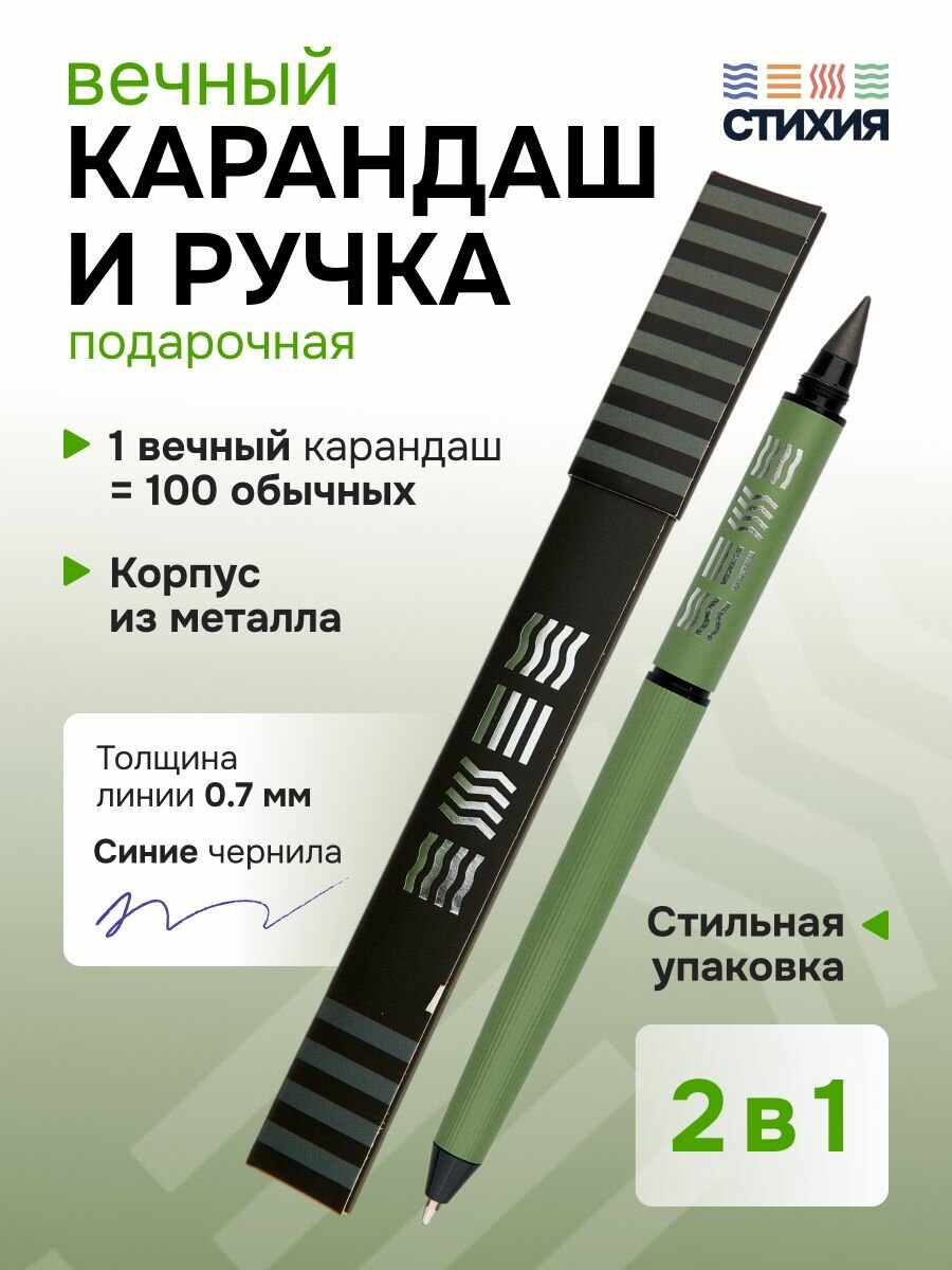 Подарочная ручка шариковая 0,7 мм и вечный карандаш простой стихия в металлическом корпусе