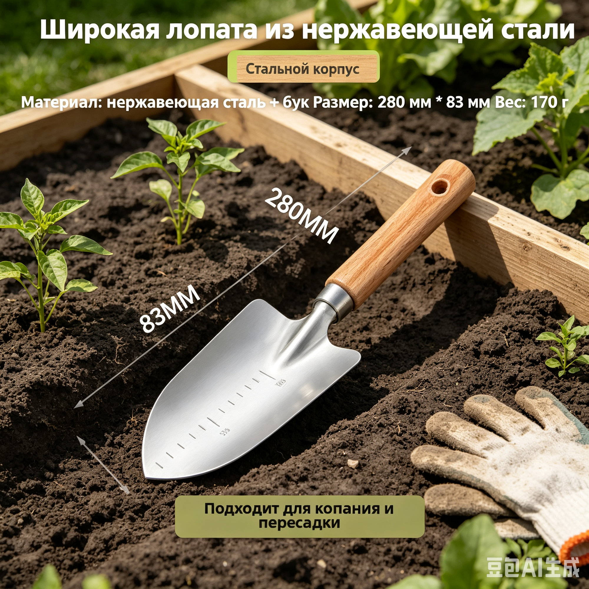 Садовые инструменты из нержавеющей стали с деревянной ручкой, лопата для посадки цветов, широкая лопата
