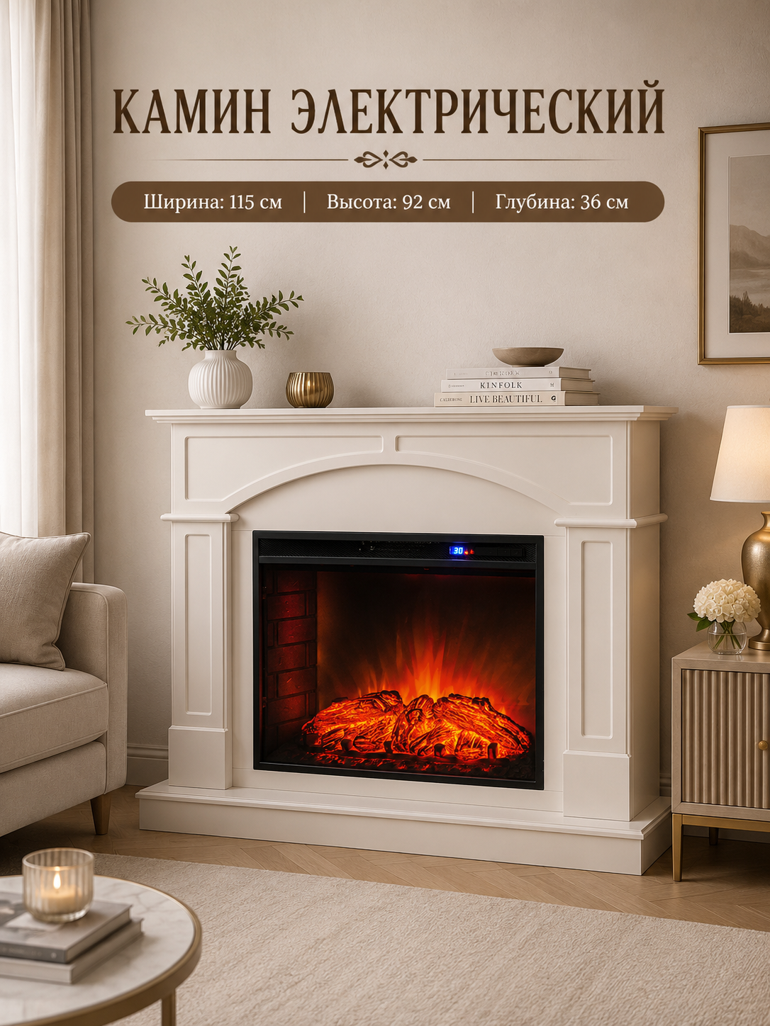 Электрокамин RealFlame Jacomo 25,5 WT МДФ с очагом Evrika 25,5, панорамное стекло, обогрев, звуковой эффект, пульт ду